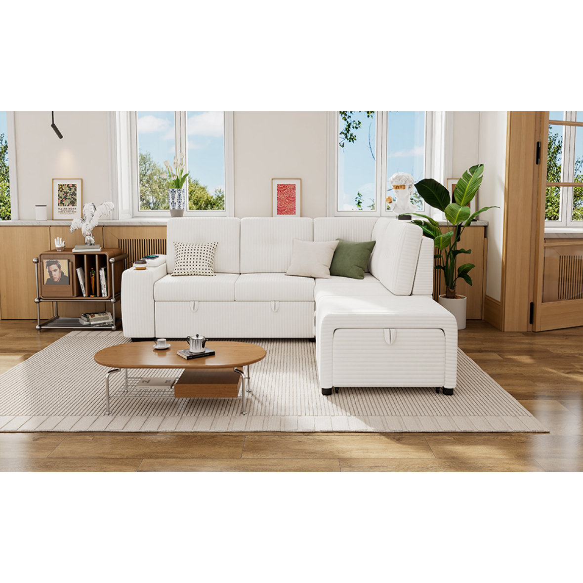 Latitude Run® 94" Sectional Sofa Pull-Out Sofa Bed L-Shaped Sofa With Movable Ottoman And Stool ...